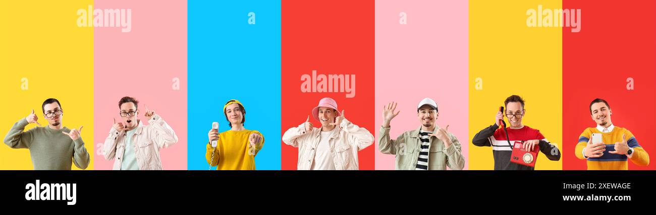Collage of different men showing "call me" gesture on color background ...