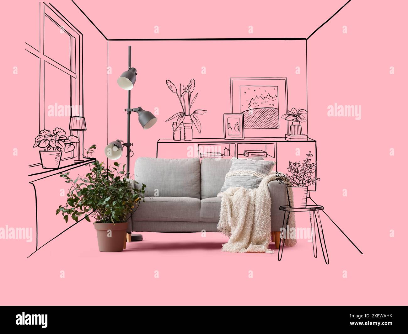 Drawn new interior of living room with grey sofa Stock Photo - Alamy