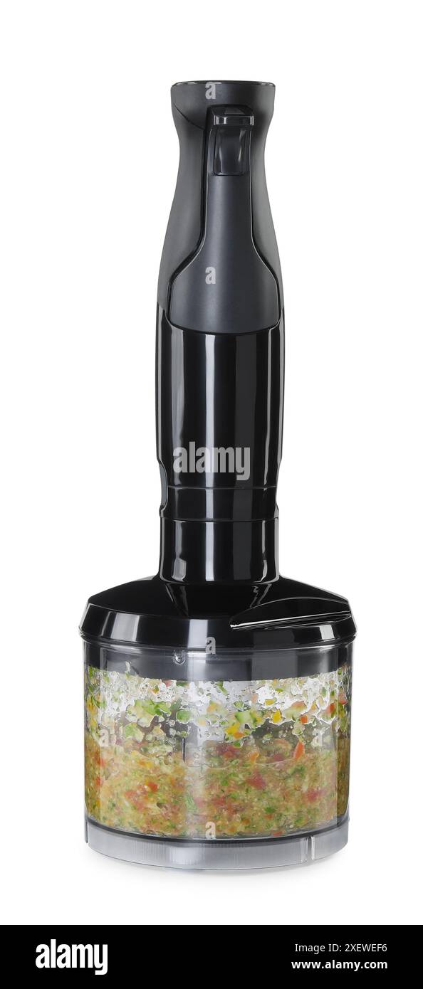 Hand blender with mixture of ingredients isolated on white Stock Photo ...