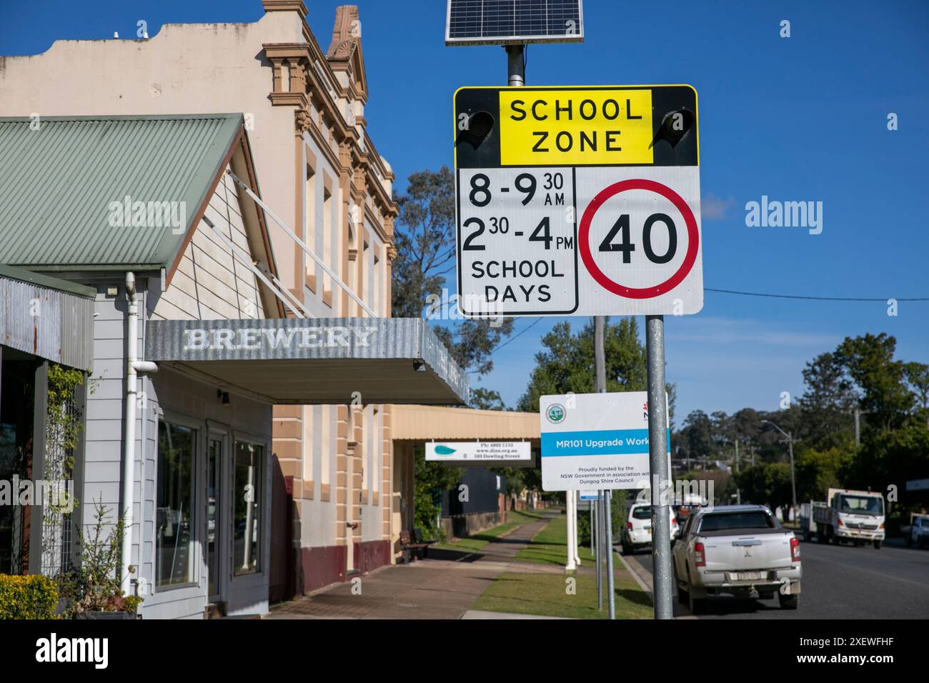 Dungog town centre, Tinshed brewery and solar powered school speed sign ...