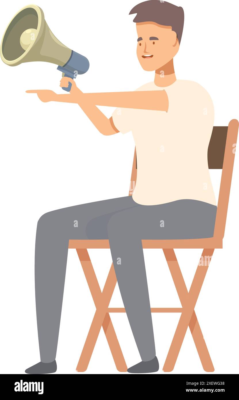 Film director holding megaphone sitting on chair, giving instructions ...