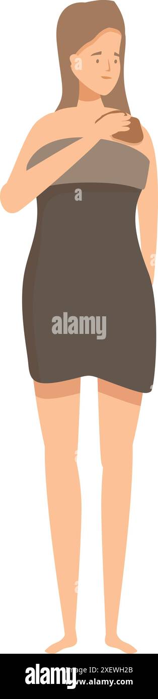 Young woman is applying body scrub on her shoulder after taking a ...