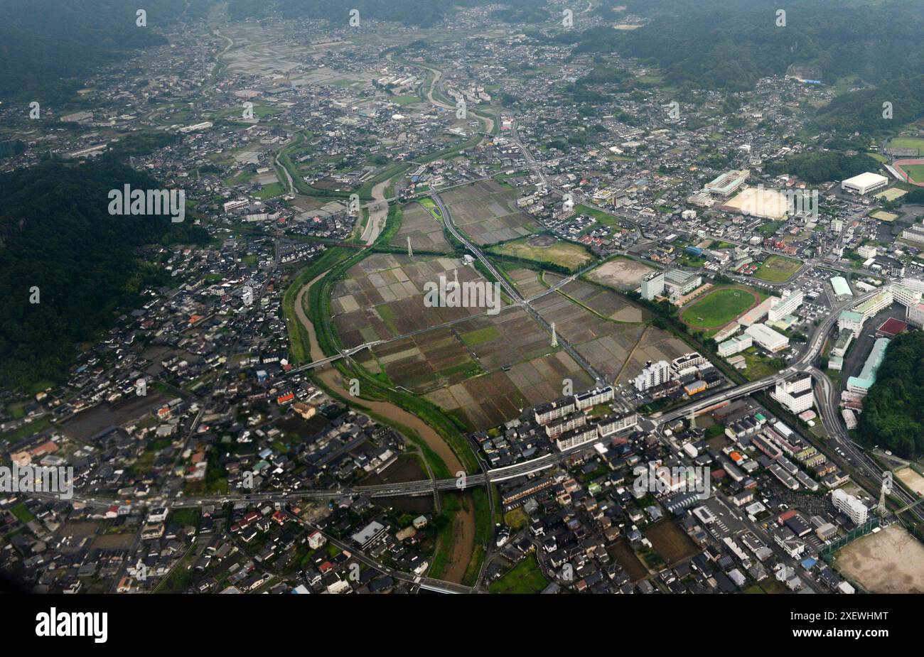 Aerial view of paddy fields in Kagoshima prefecture, Kyushu, Japan ...