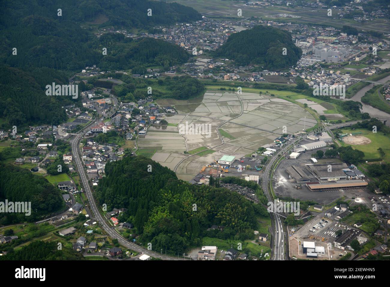 Aerial view of paddy fields in Kagoshima prefecture, Kyushu, Japan ...
