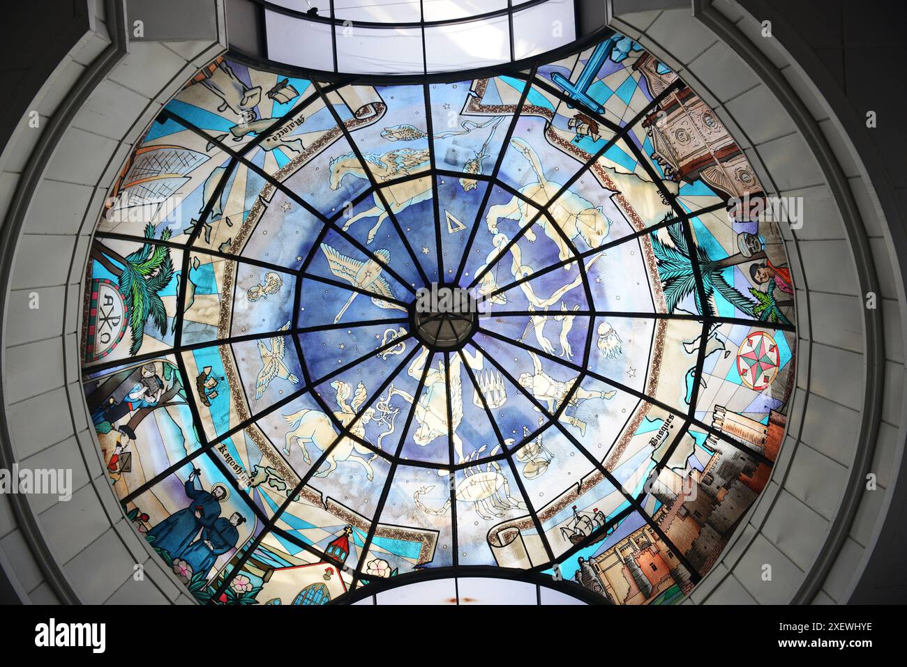 A colourful painted glass decorating the ceiling of the pedestrian ...