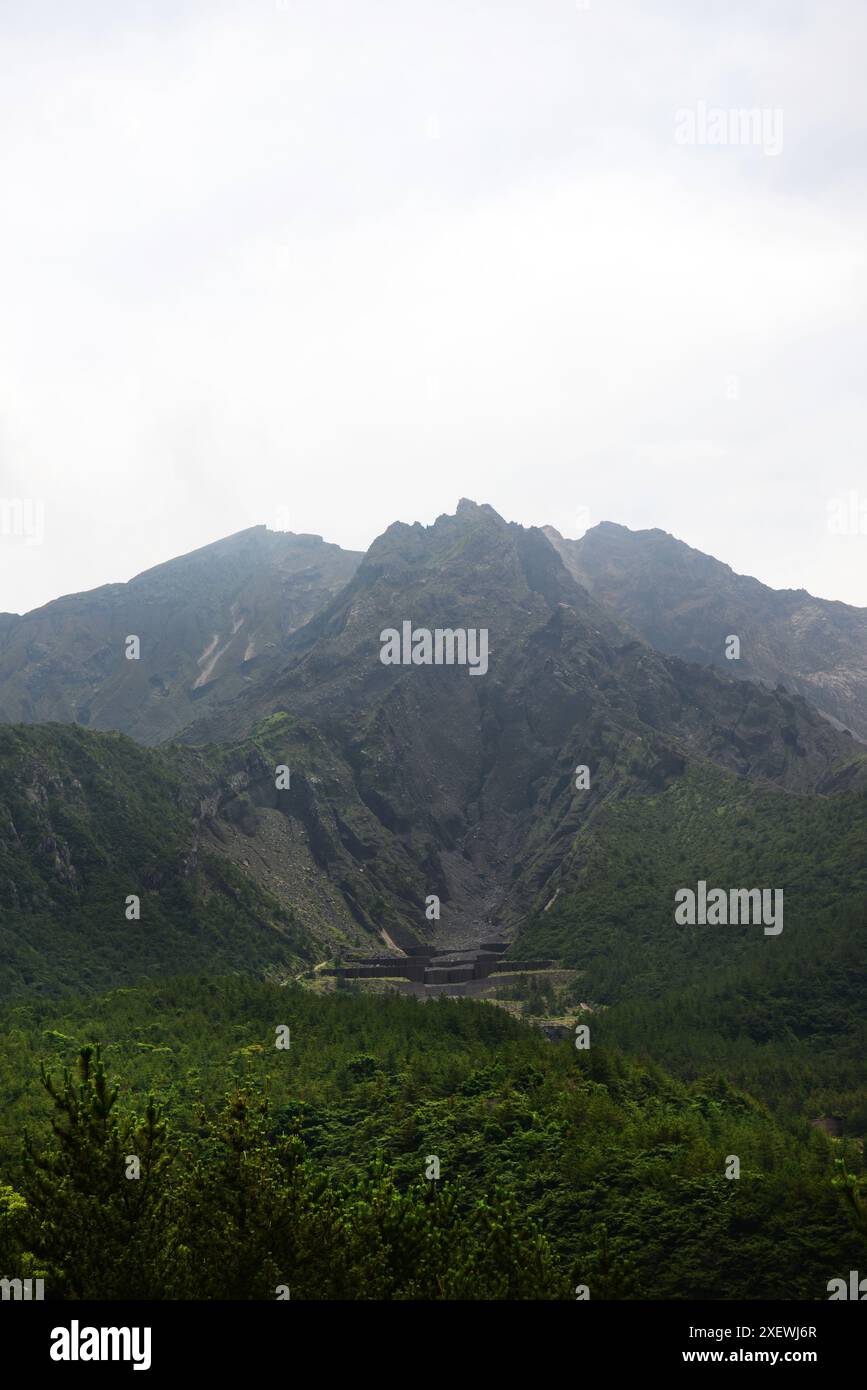A view of the peaks of the Sakurajima volcano seen from the Yunohira ...