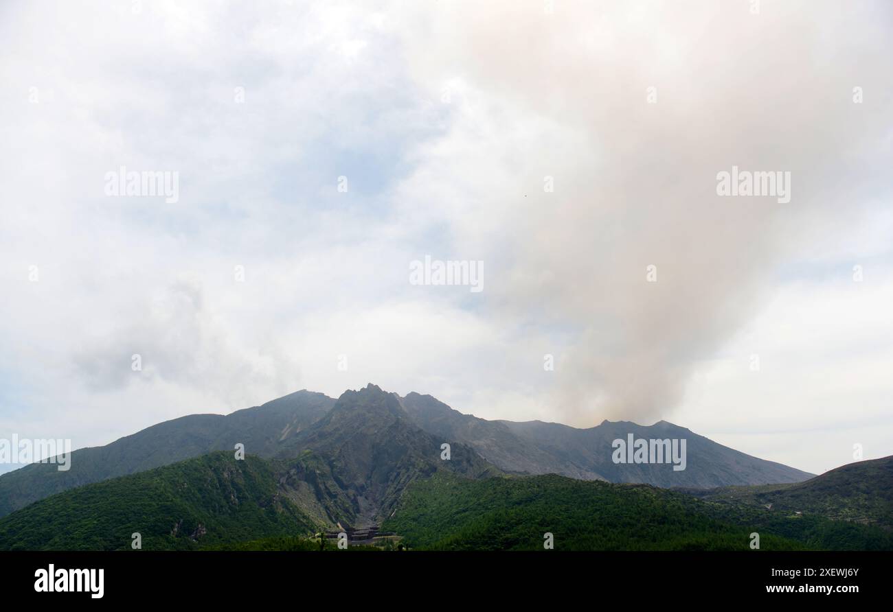 A view of the peaks of the Sakurajima volcano seen from the Yunohira ...