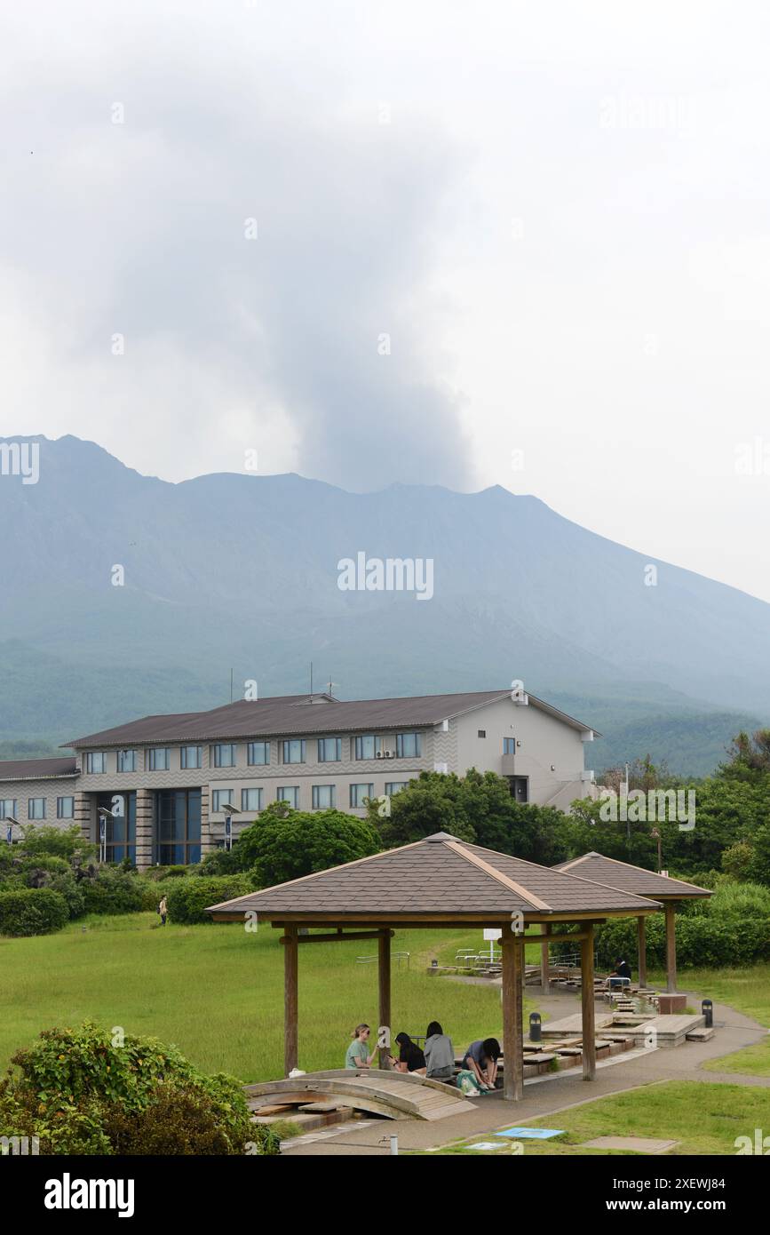 Public foot onsen under the Sakurajima volcano in Kagoshima, Japan ...