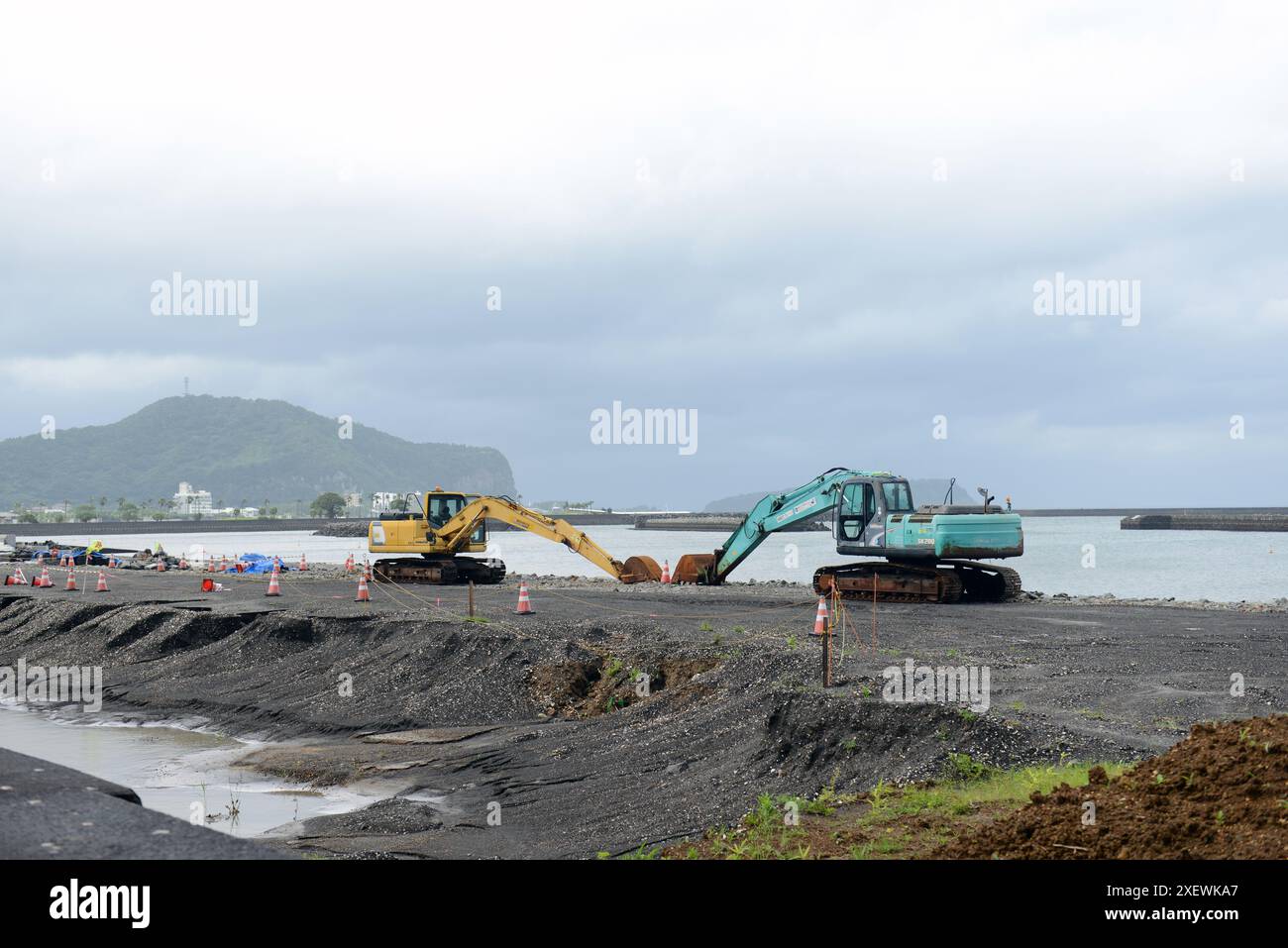 Construction of the new waterfront in Ibusuki, Kyushu, Japan Stock ...