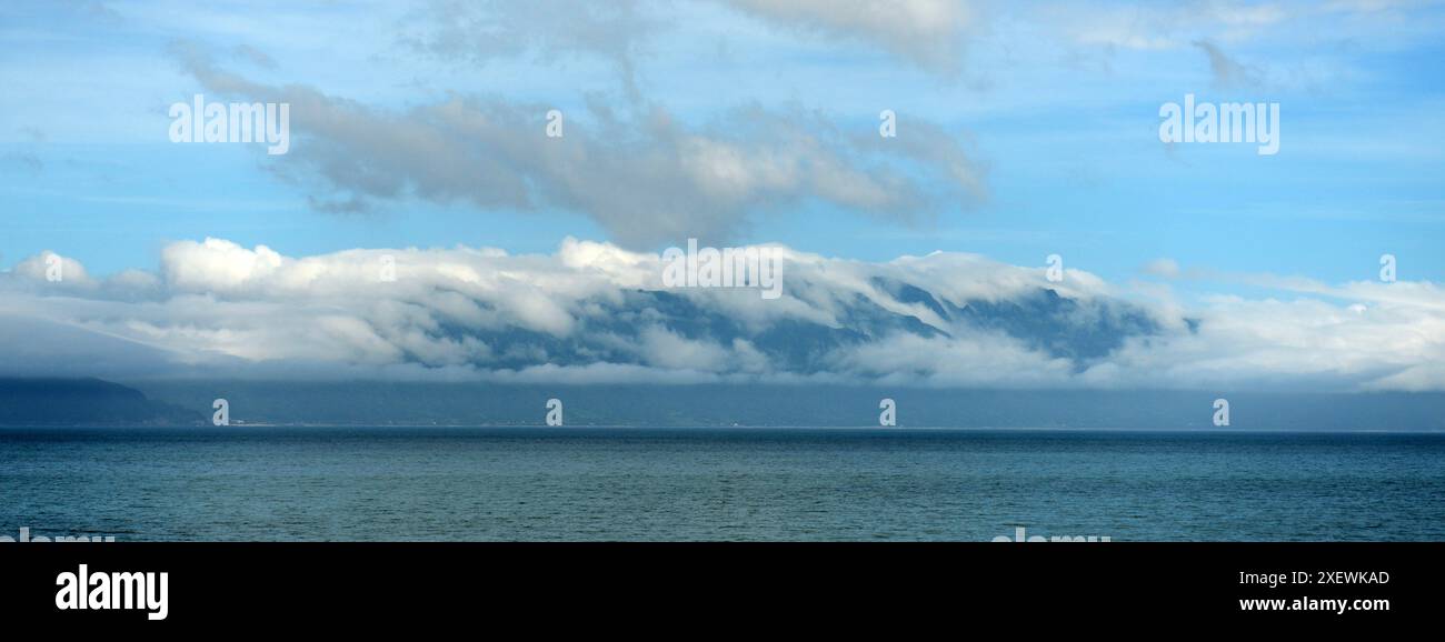 A view of Kagoshima Bay and the misty mountains in the Kimotsuki ...
