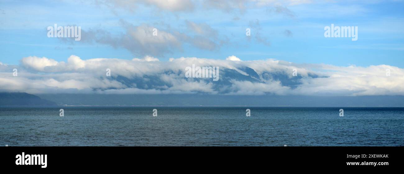 A view of Kagoshima Bay and the misty mountains in the Kimotsuki ...