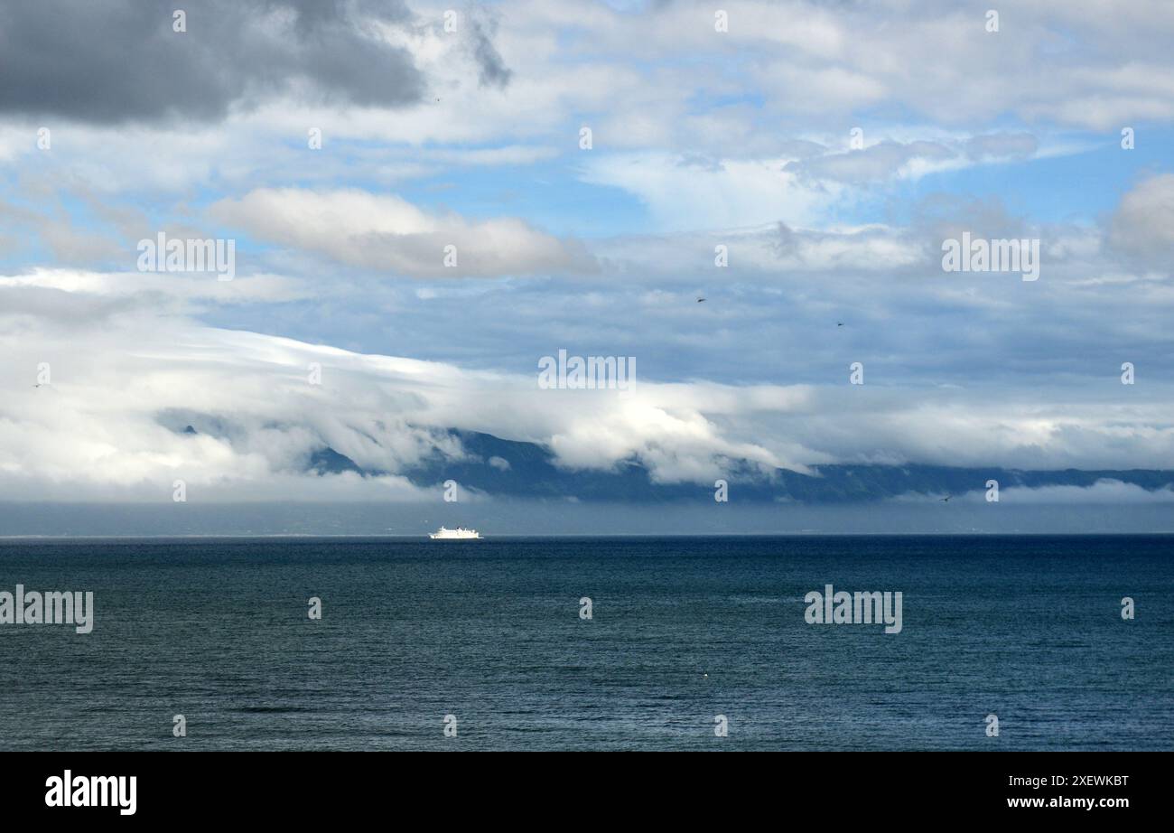 A view of Kagoshima Bay and the misty mountains in the Kimotsuki ...