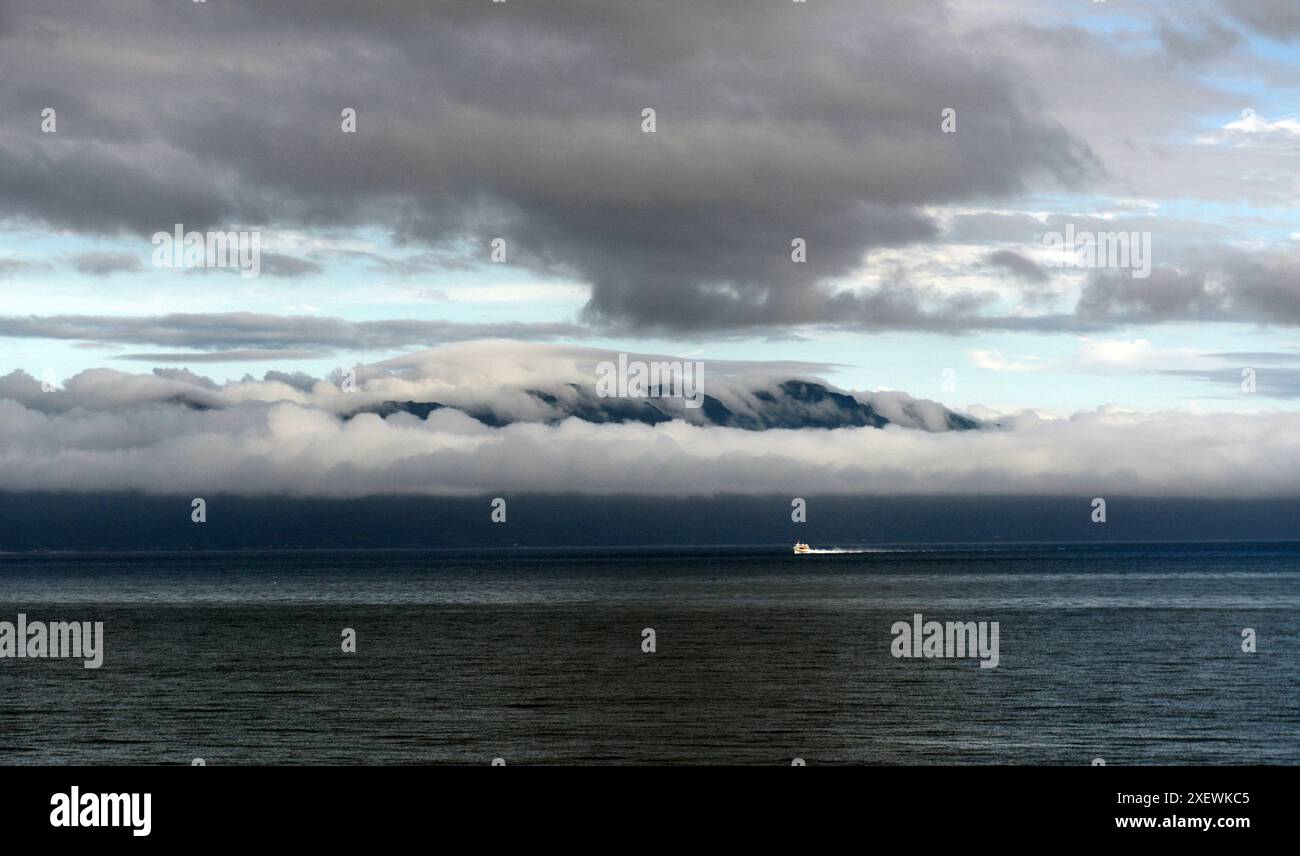 A view of Kagoshima Bay and the misty mountains in the Kimotsuki ...