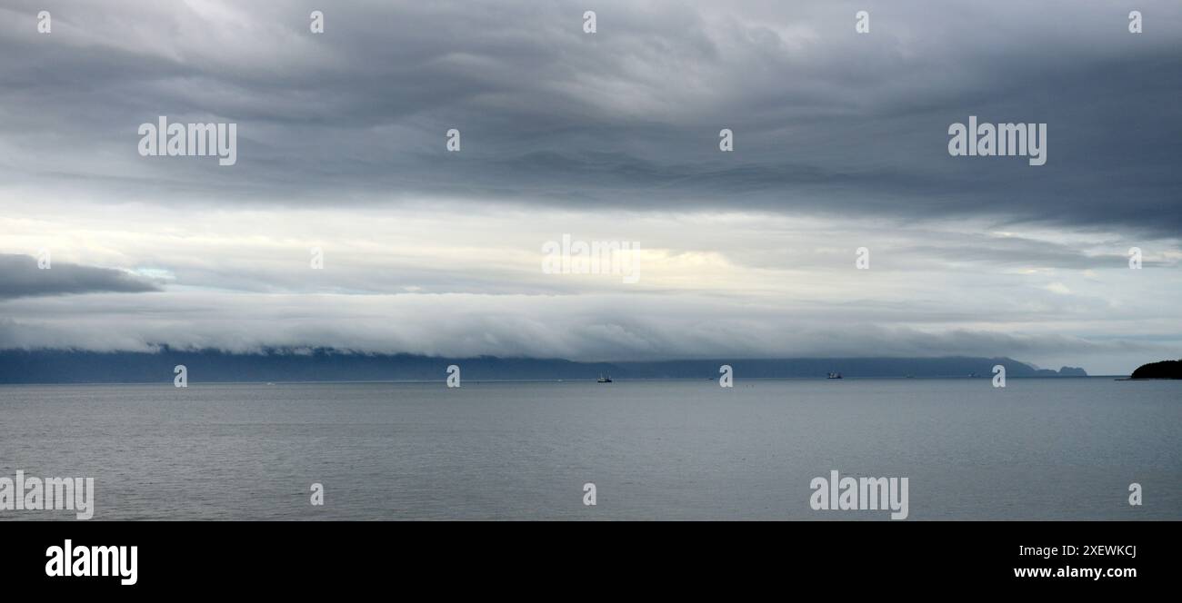 A view of Kagoshima Bay and the misty mountains in the Kimotsuki ...