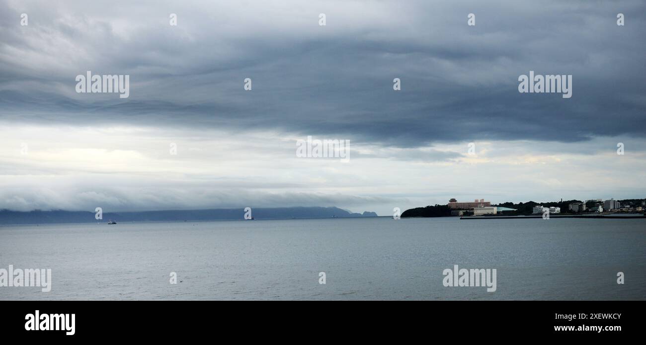 A view of Kagoshima Bay and the misty mountains in the Kimotsuki ...
