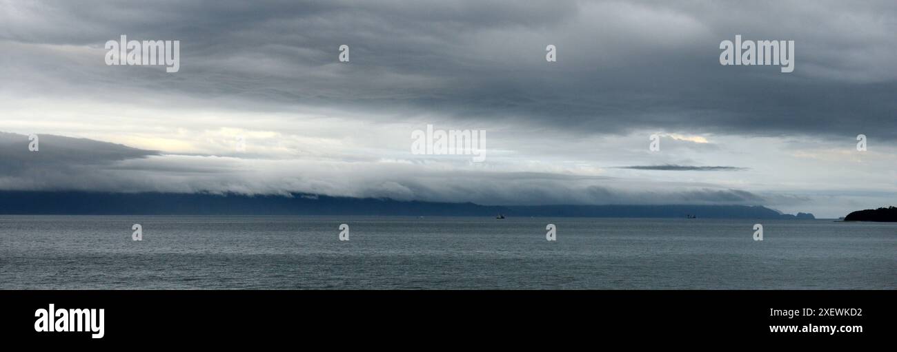 A view of Kagoshima Bay and the misty mountains in the Kimotsuki ...