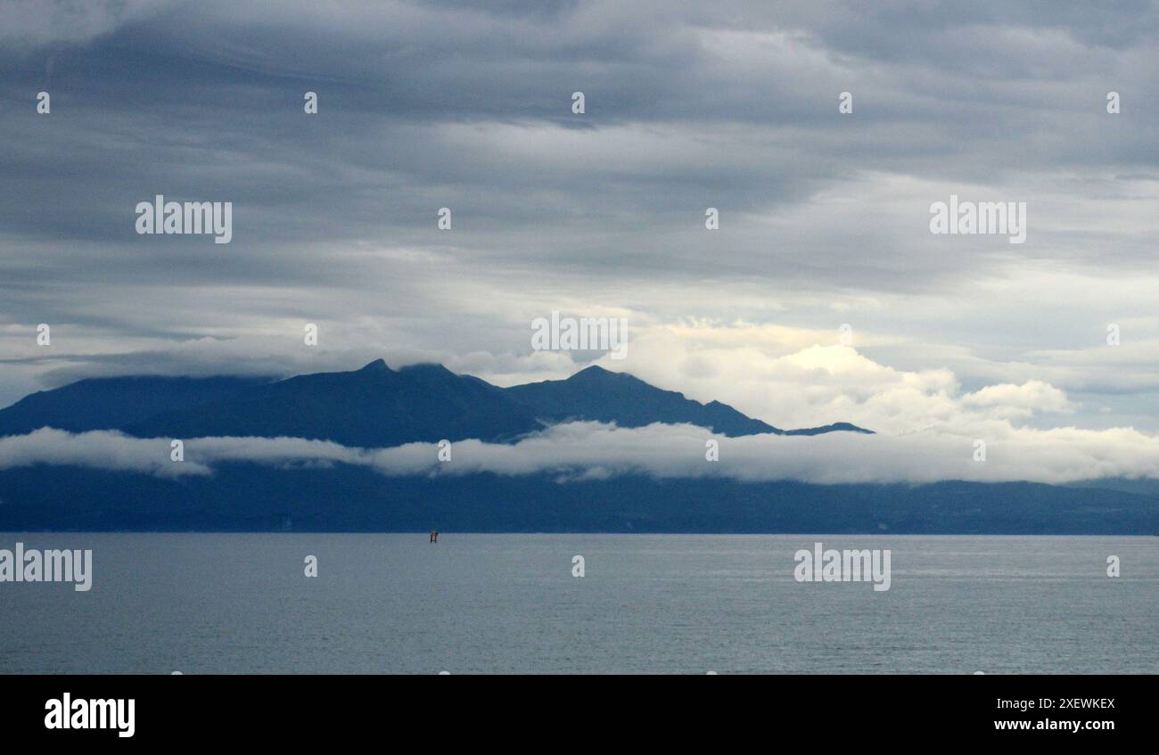 A view of Kagoshima Bay and the misty mountains in the Kimotsuki ...