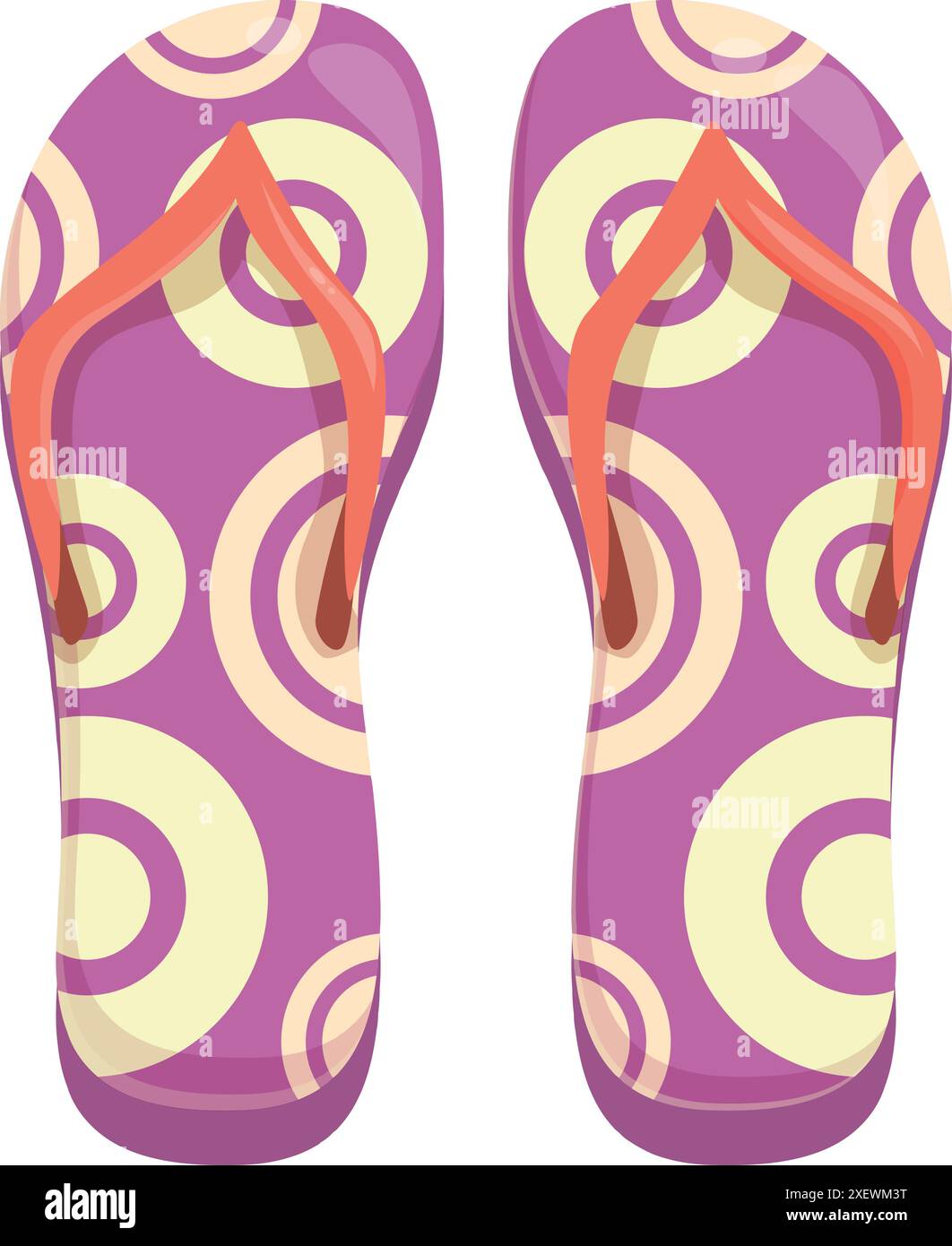 Pair of purple flip flops with a circle pattern is laying on a white background, evoking summer ...