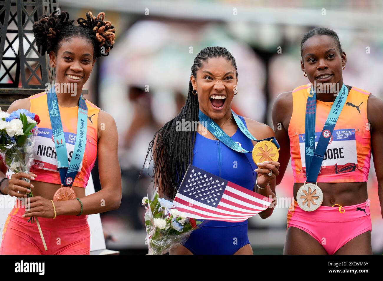 Tara Davis-Woodhall celebrates after winning the women's long jump ...