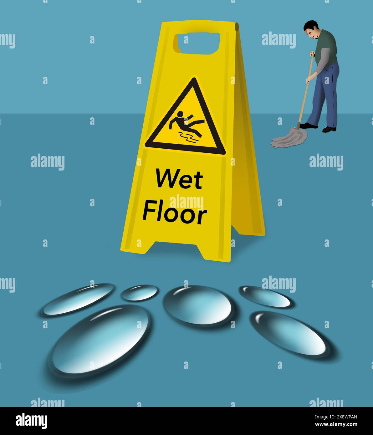 Wet floor sign is protecting people from slipping as a man mops the ...