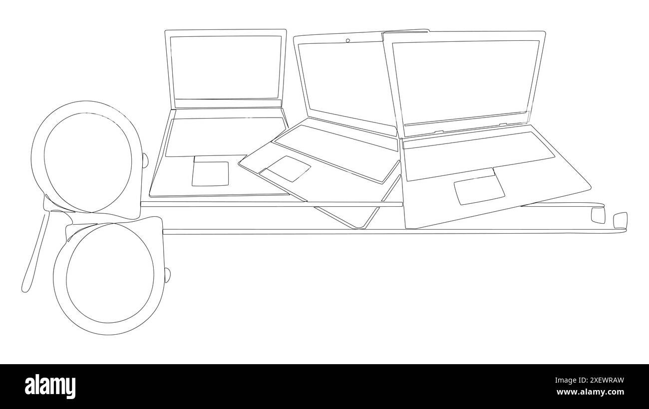 One continuous line of Laptop with Ruler tape. Thin Line Illustration ...