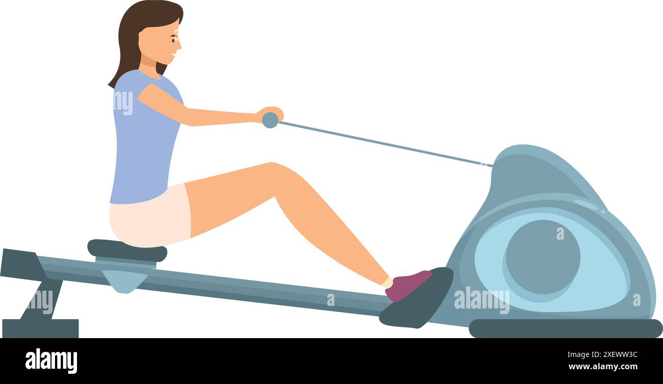 Young woman is training on a rowing machine in the gym, exercising to ...