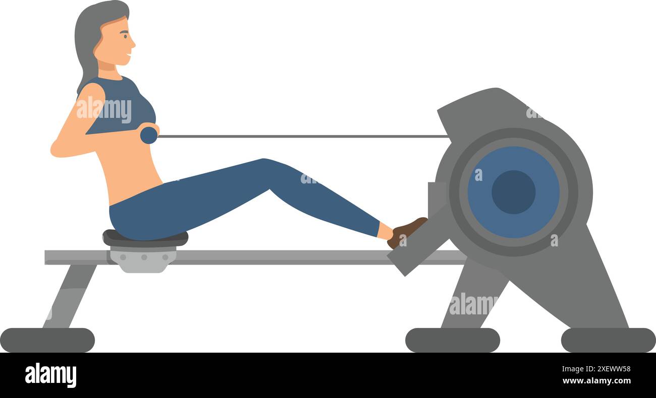Fitness girl exercising using rowing machine, training on white ...