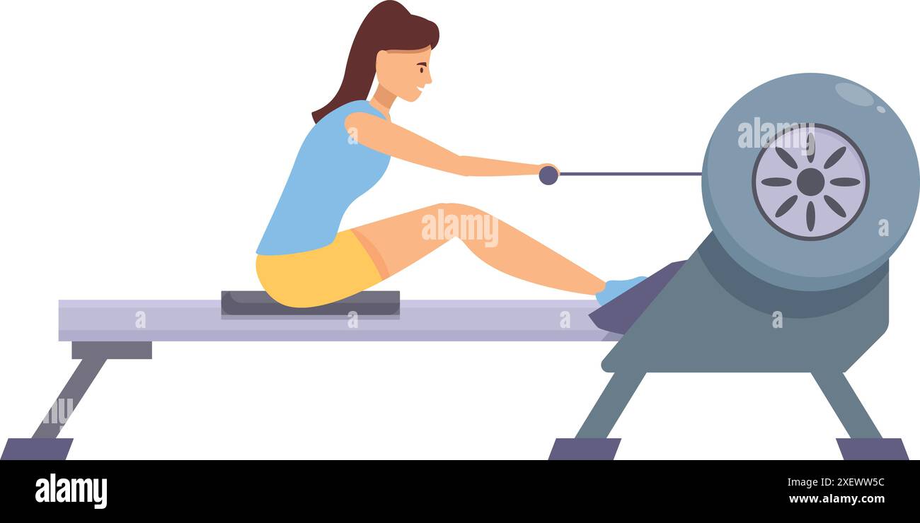 Young woman is exercising on a rowing machine, pulling the handle and ...