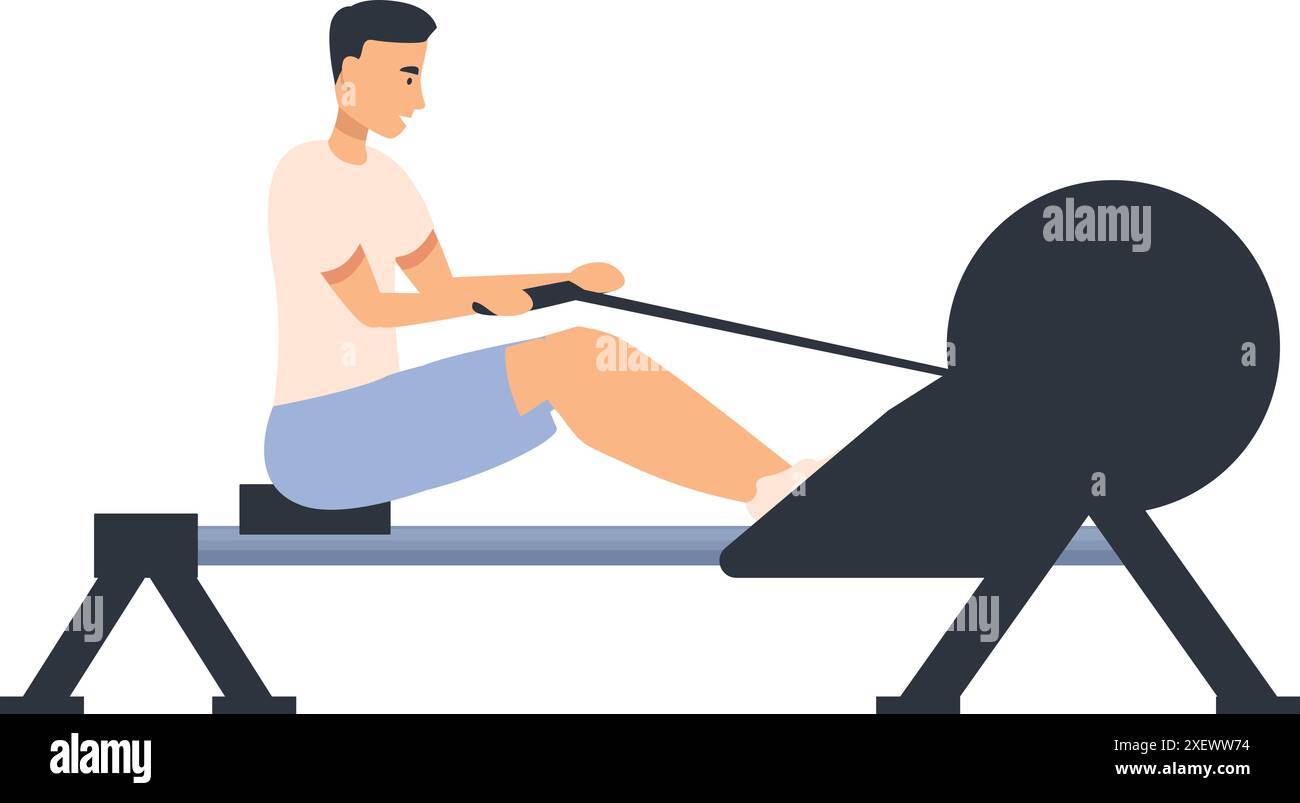 Young athlete is training on a rowing machine, working on his physical ...