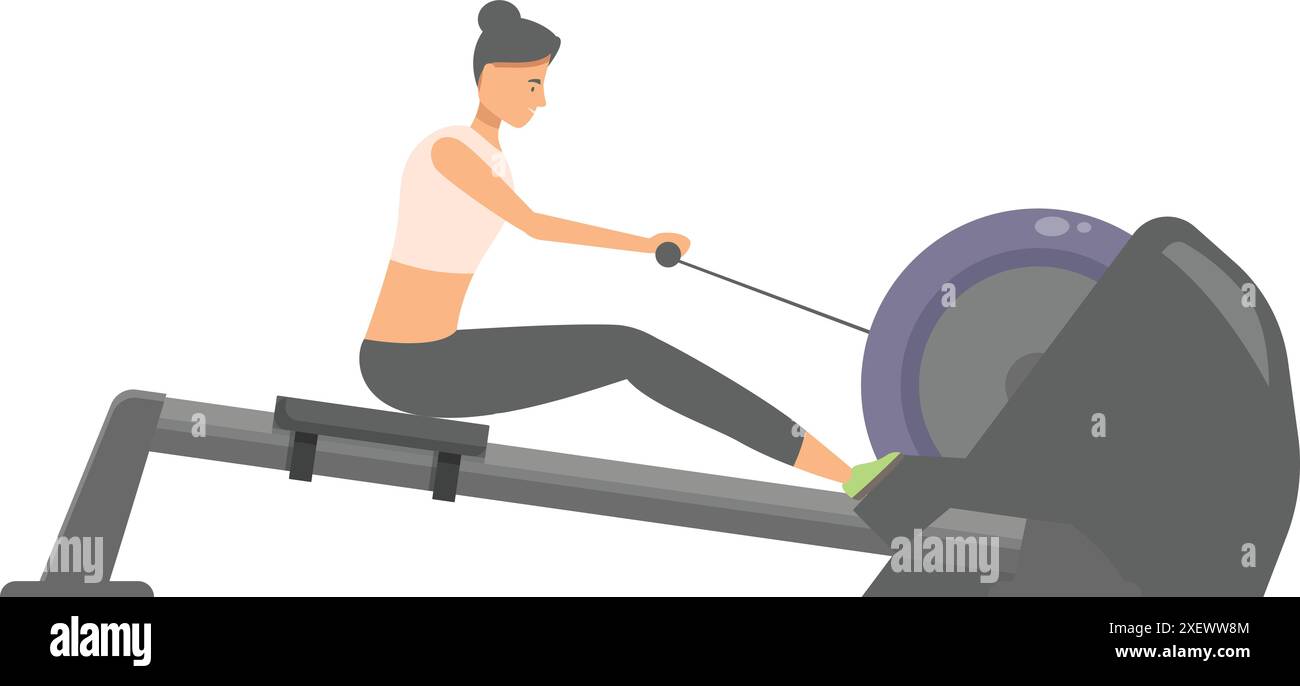 Young woman is doing a rowing exercise at the gym using a rowing ...