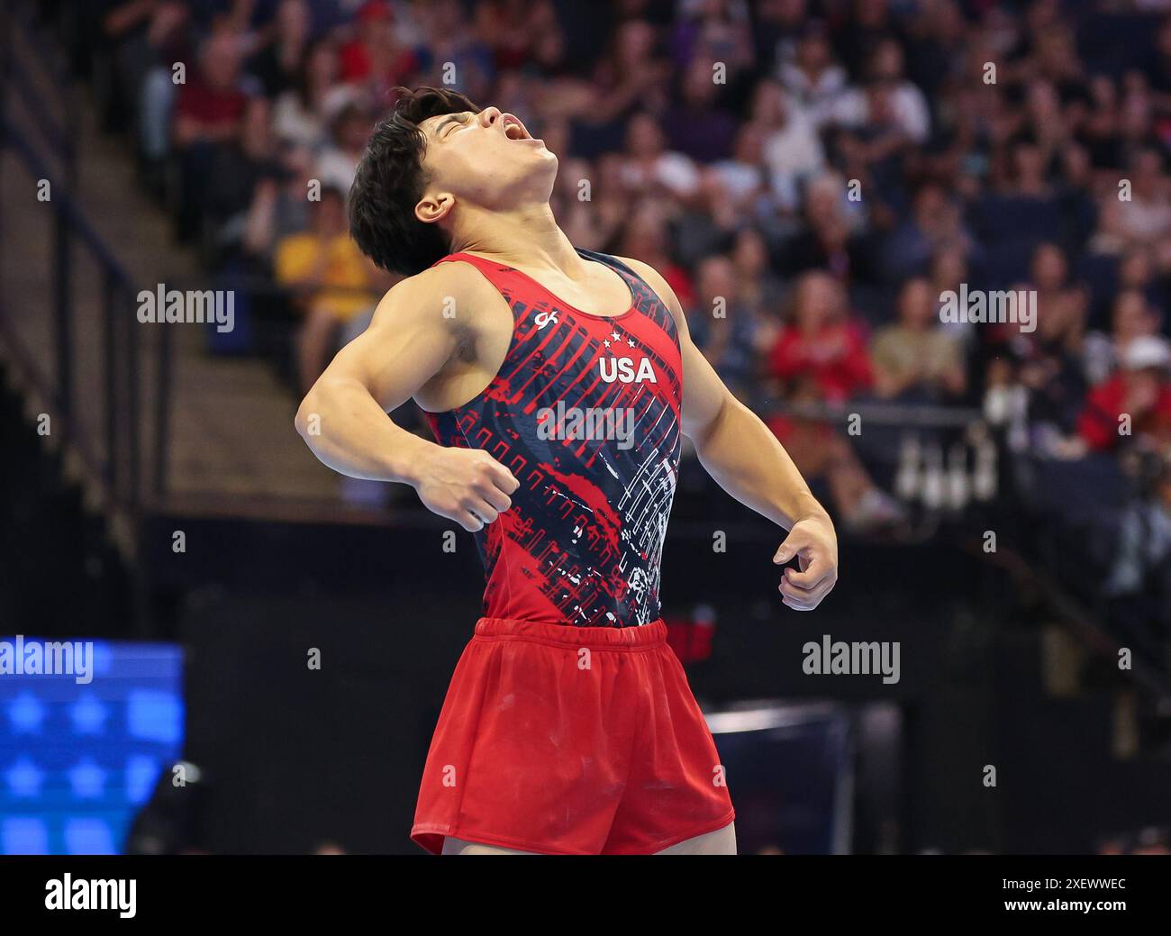 June 29, 2024: Asher Hong gets fired up after his floor exercise at the ...