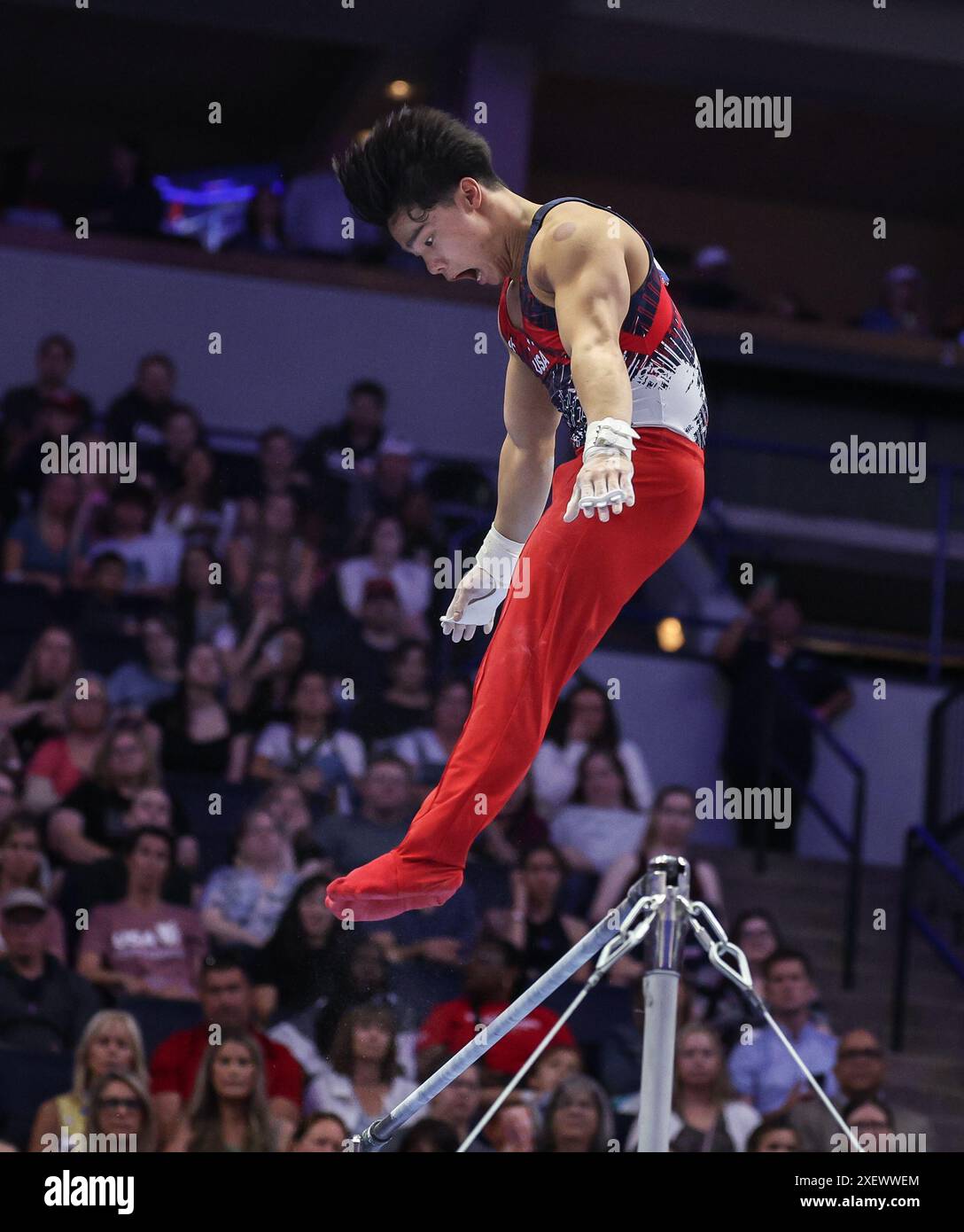 June 29, 2024: Asher Hong flies over the high bar during the 2024 ...