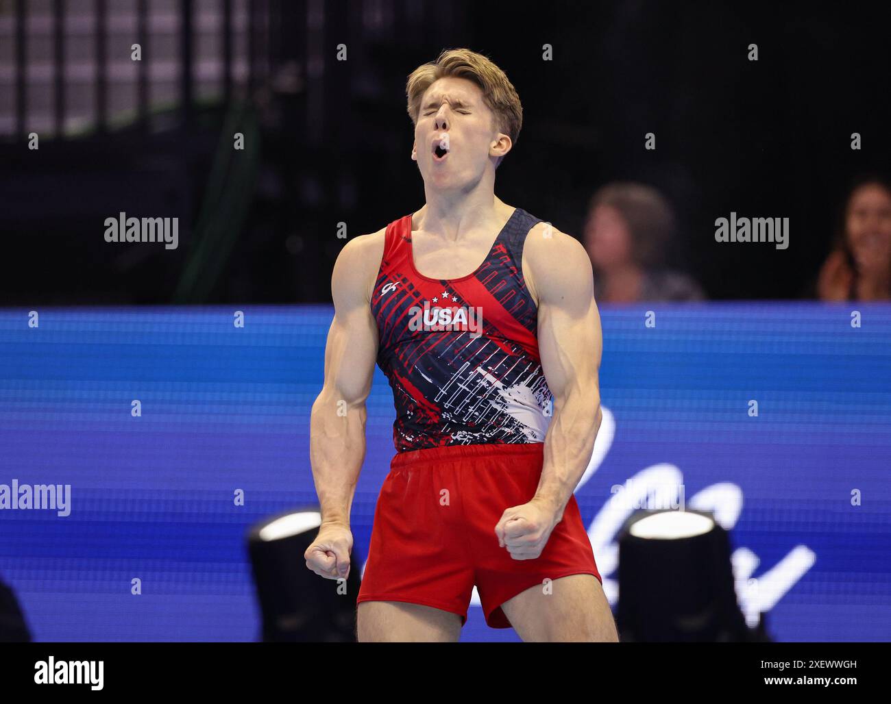 June 29, 2024: Shane Wiskus gets fired up following a routine at the ...