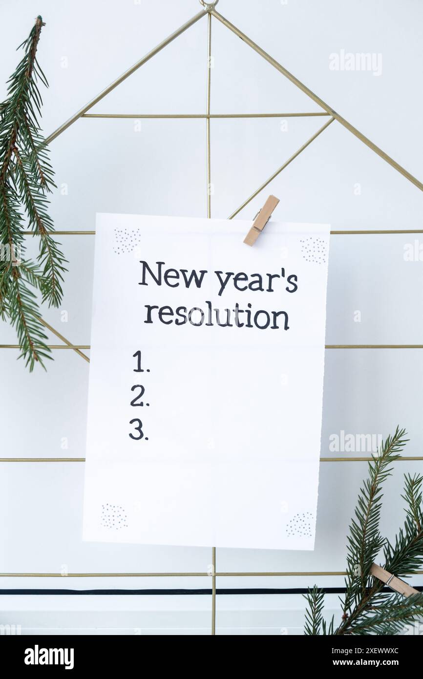 Vision board with NEW YEAR'S RESOLUTION aims goals on paper note ...