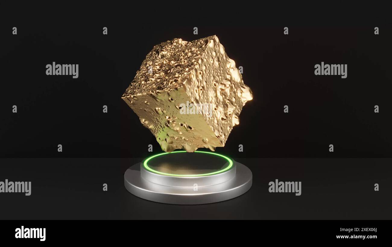 3D gold box cube with noise face on circle stage intro 3d render Stock ...