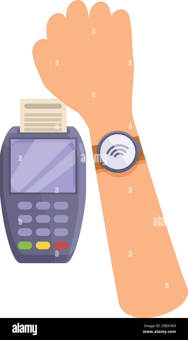 Hand wearing a smartwatch is making a contactless payment at a pos ...
