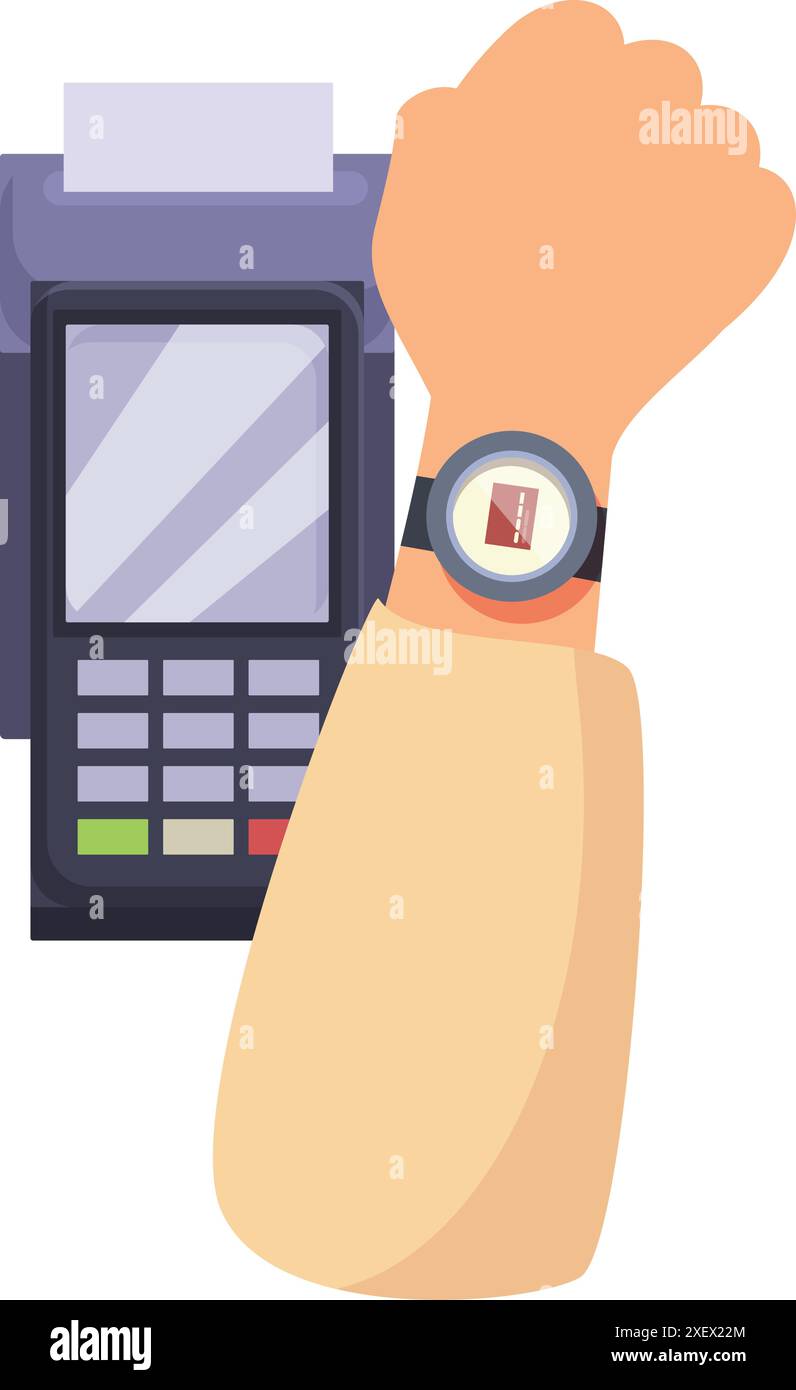 Hand holding a smartwatch making a contactless payment on a pos ...