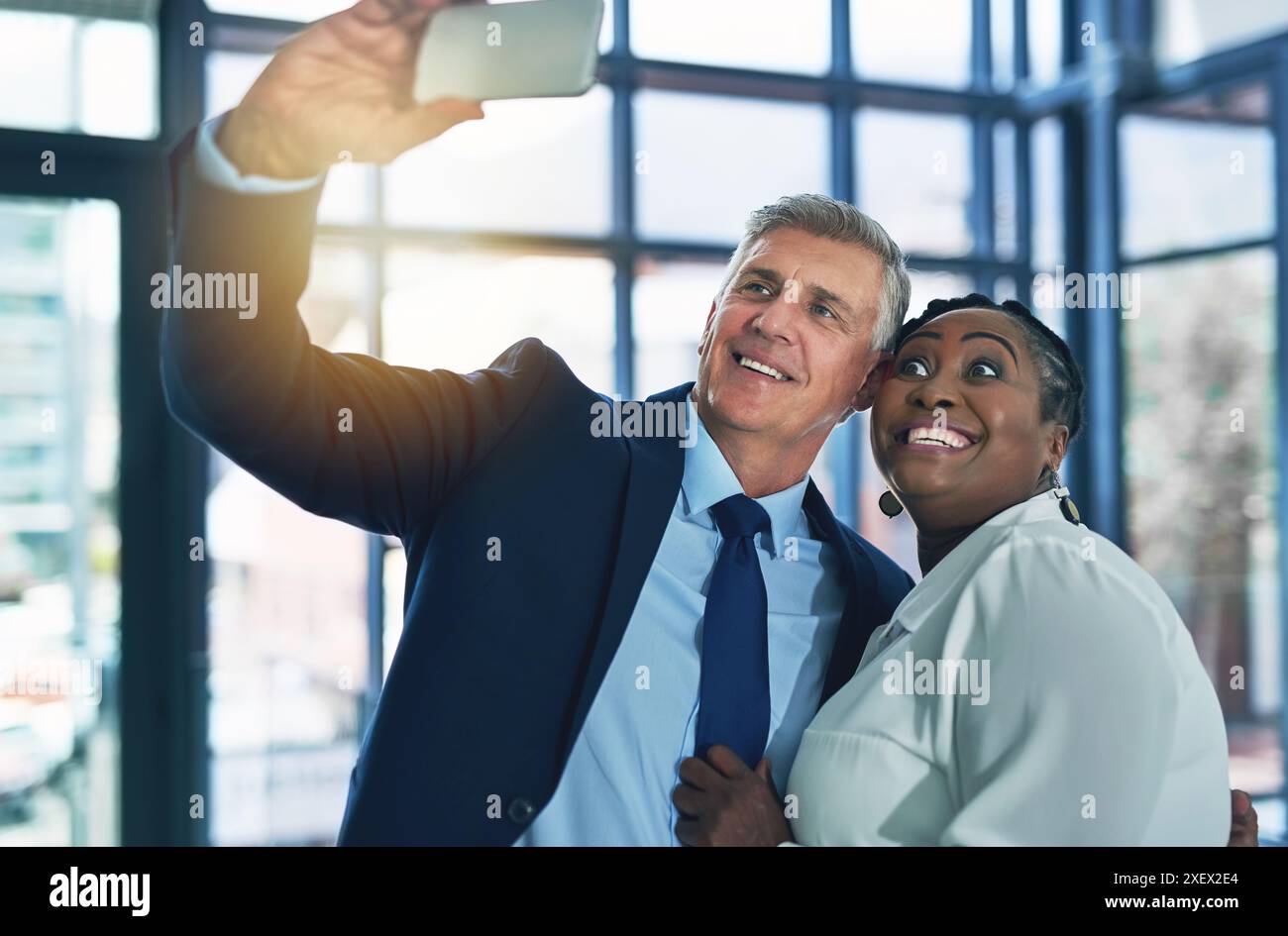 Office, business people and colleagues with smile for selfie, profile ...