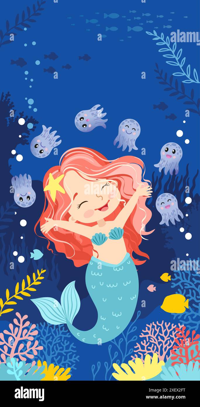 Vector Illustration of vertical background. Mermaids life on a coral ...
