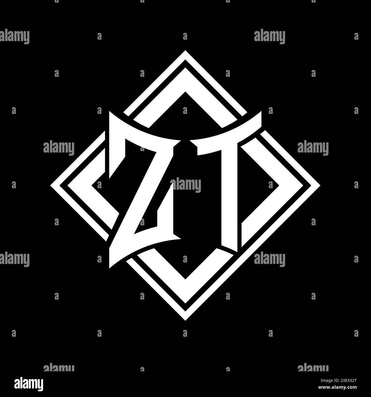 ZT Letter logo with abstract shield shape with square white outline on black background template ...