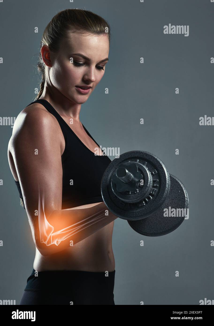 Dumbbell, injury and arm pain with woman and red glow for muscle ...