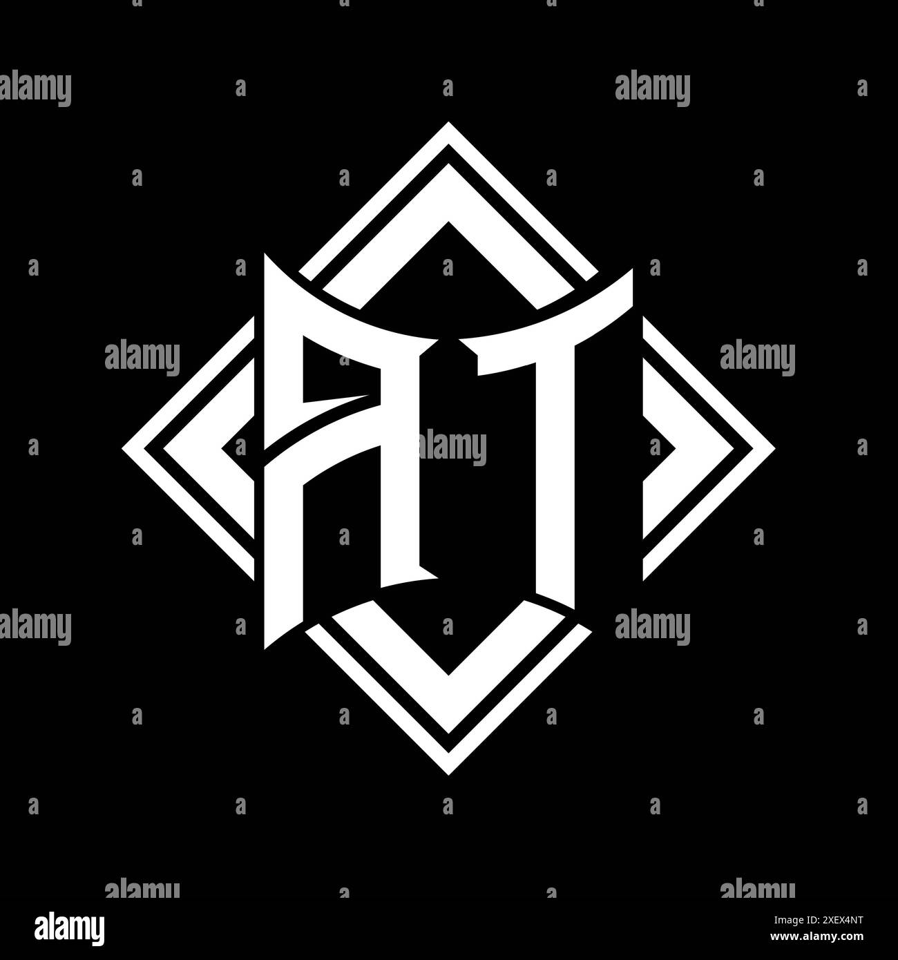 AT Letter logo with abstract shield shape with square white outline on black background template ...