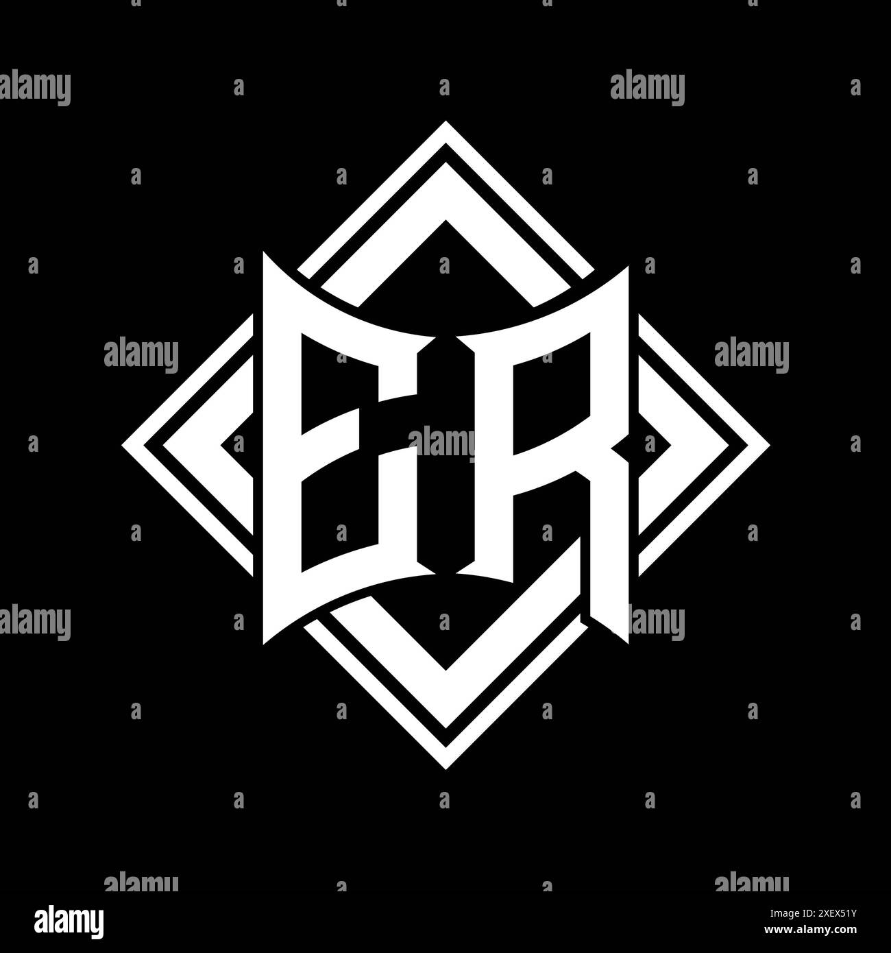 ER Letter logo with abstract shield shape with square white outline on ...