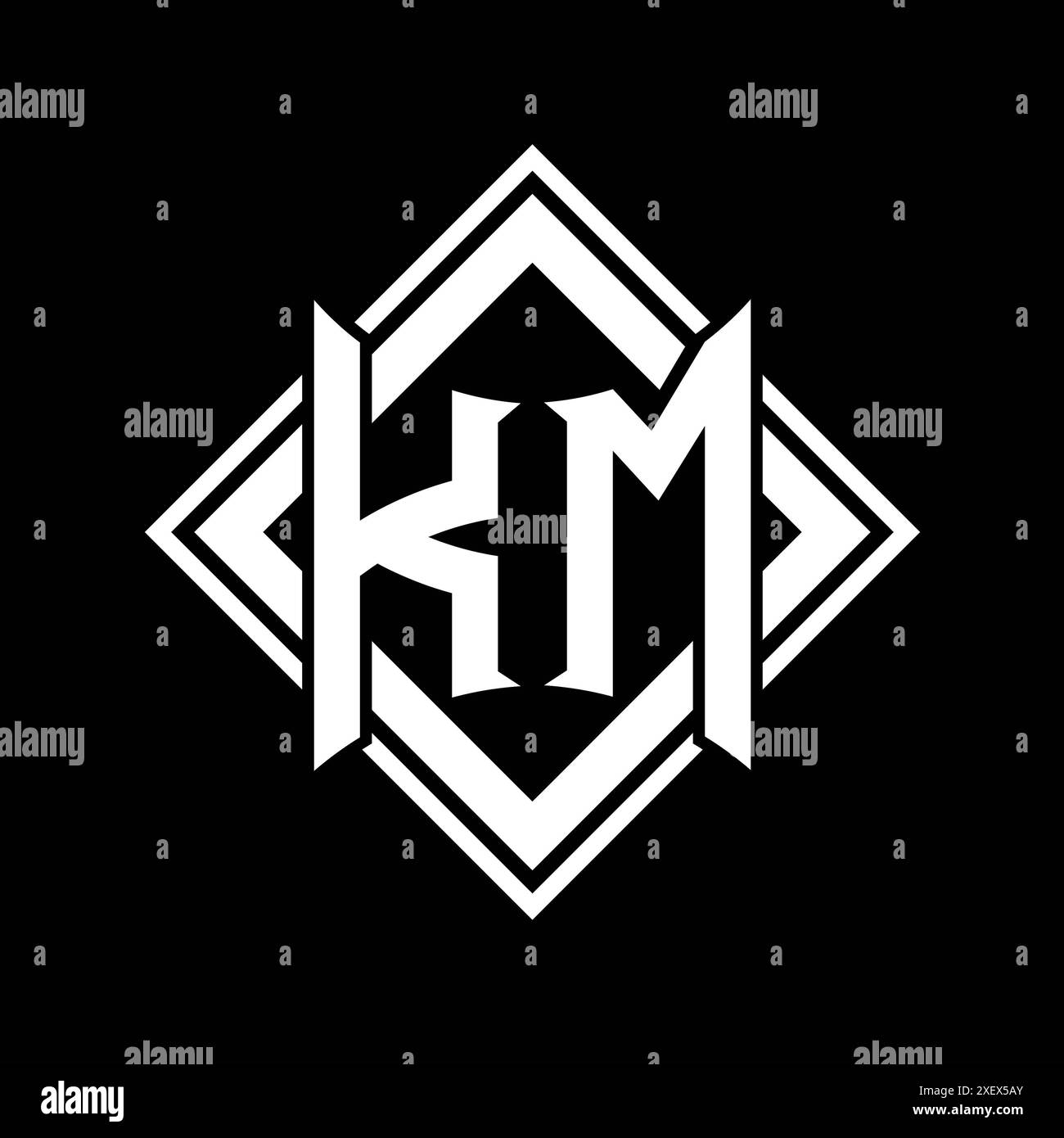 KM Letter logo with abstract shield shape with square white outline on ...