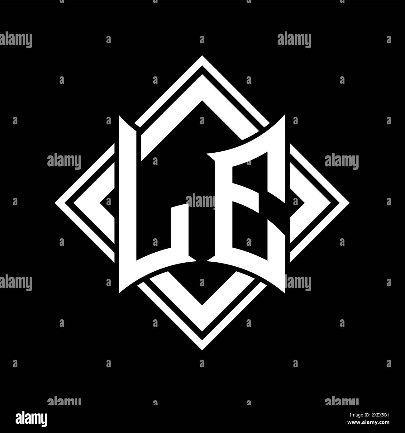 LE Letter logo with abstract shield shape with square white outline on ...
