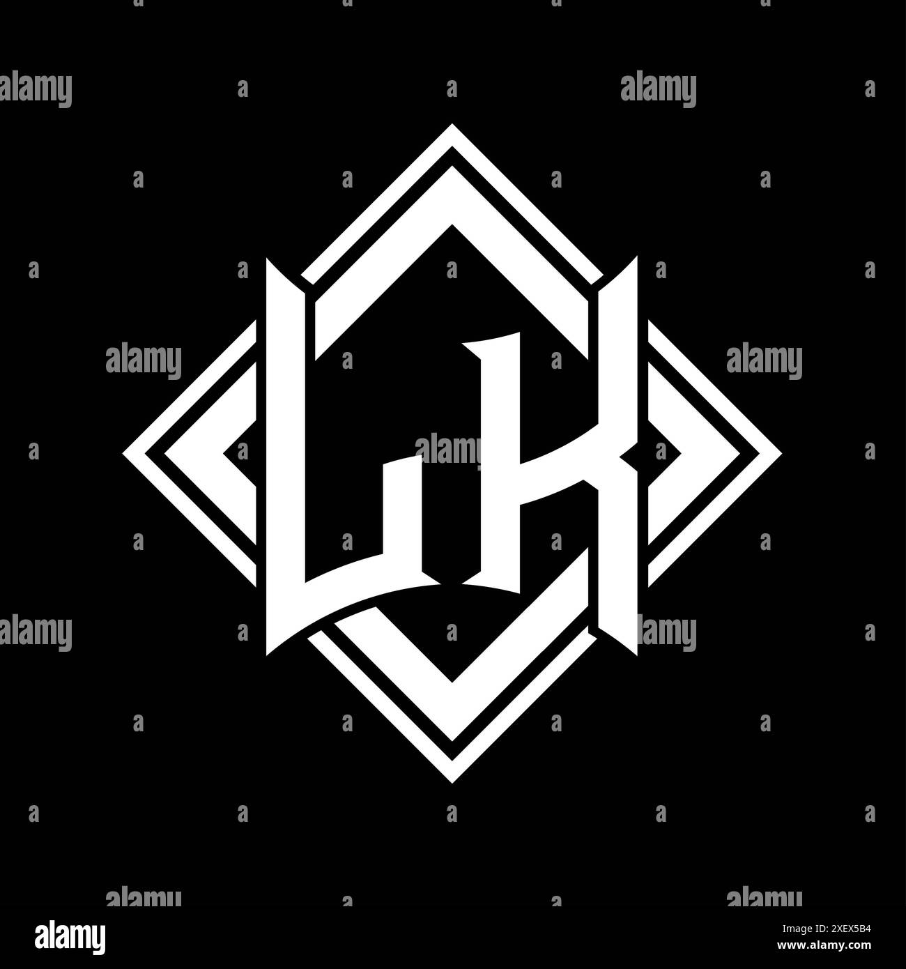 LK Letter logo with abstract shield shape with square white outline on black background template ...