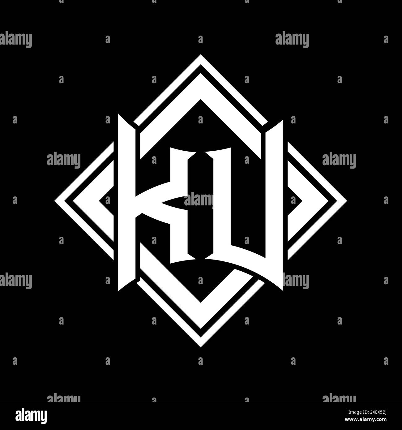 KU Letter logo with abstract shield shape with square white outline on black background template ...