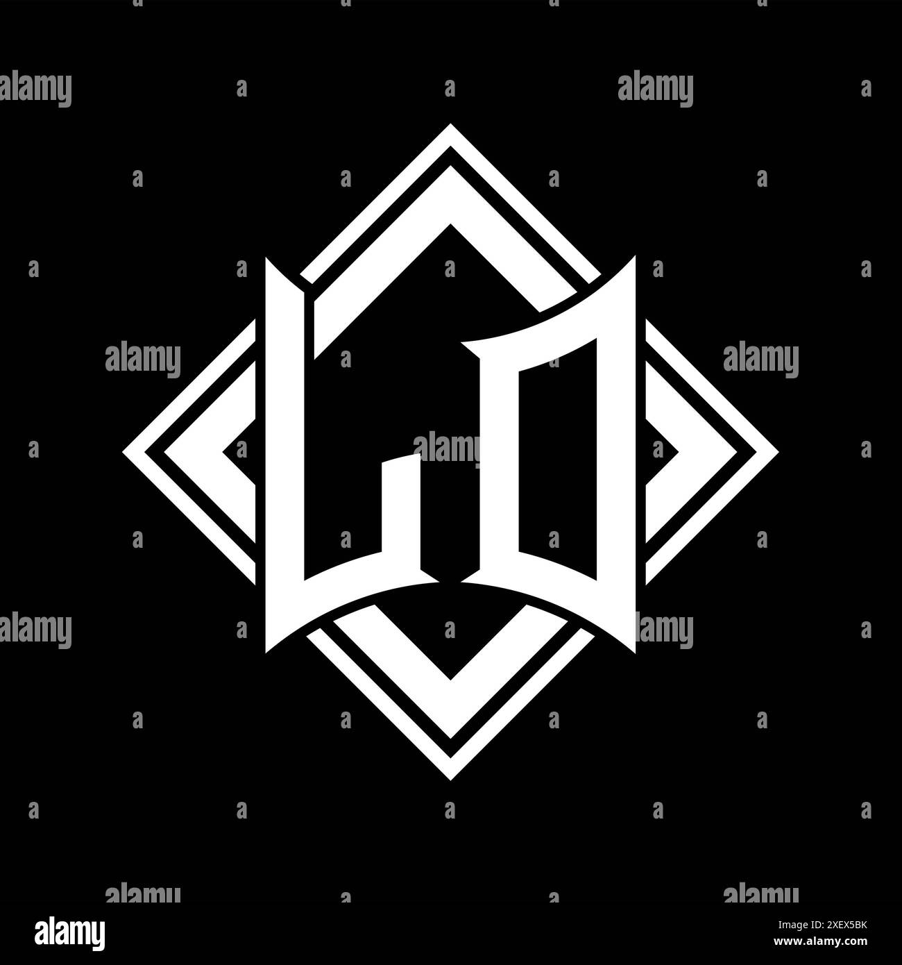 LD Letter logo with abstract shield shape with square white outline on black background template ...