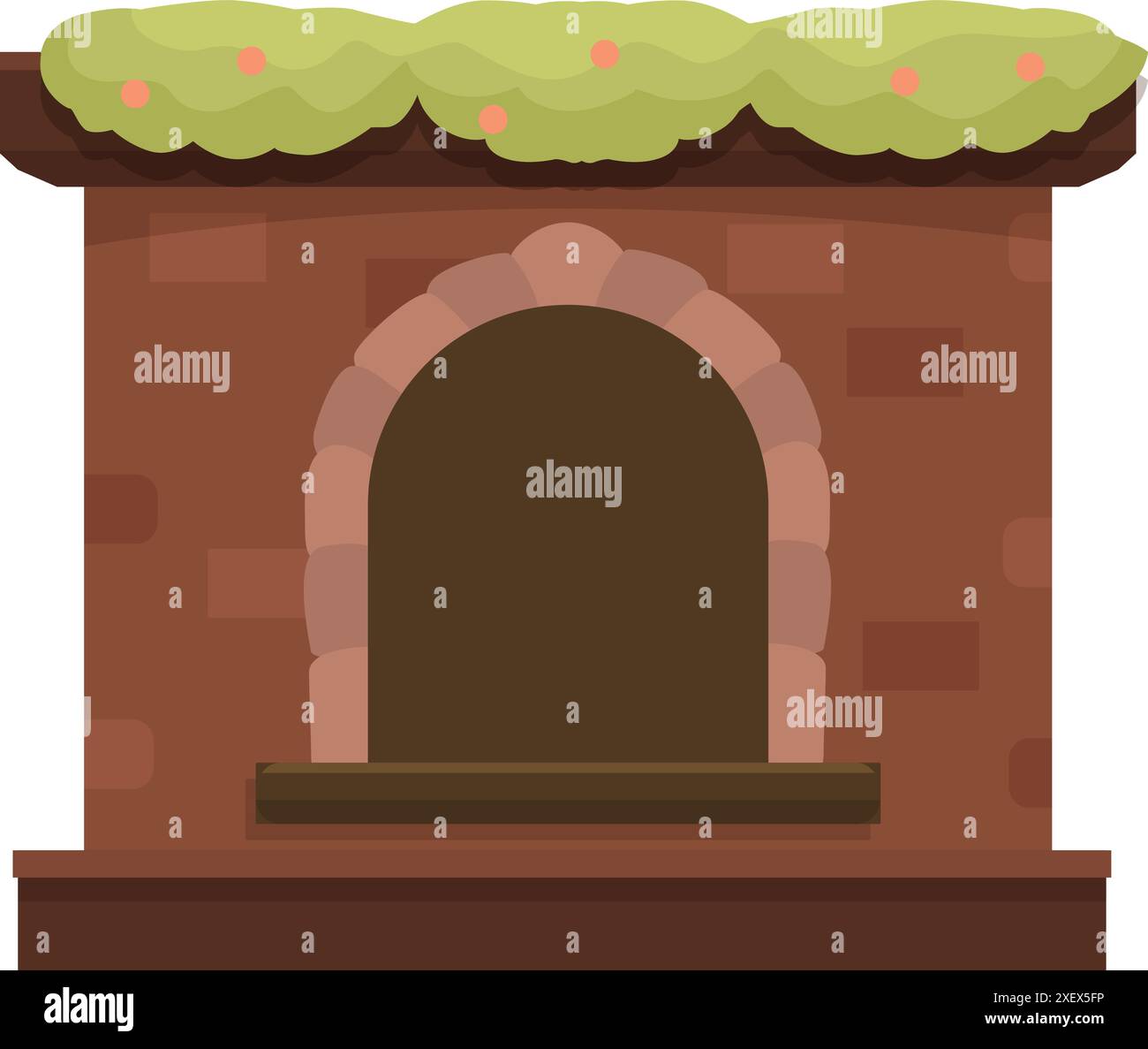 Old brick building with green roof growing grass and flowers, empty ...