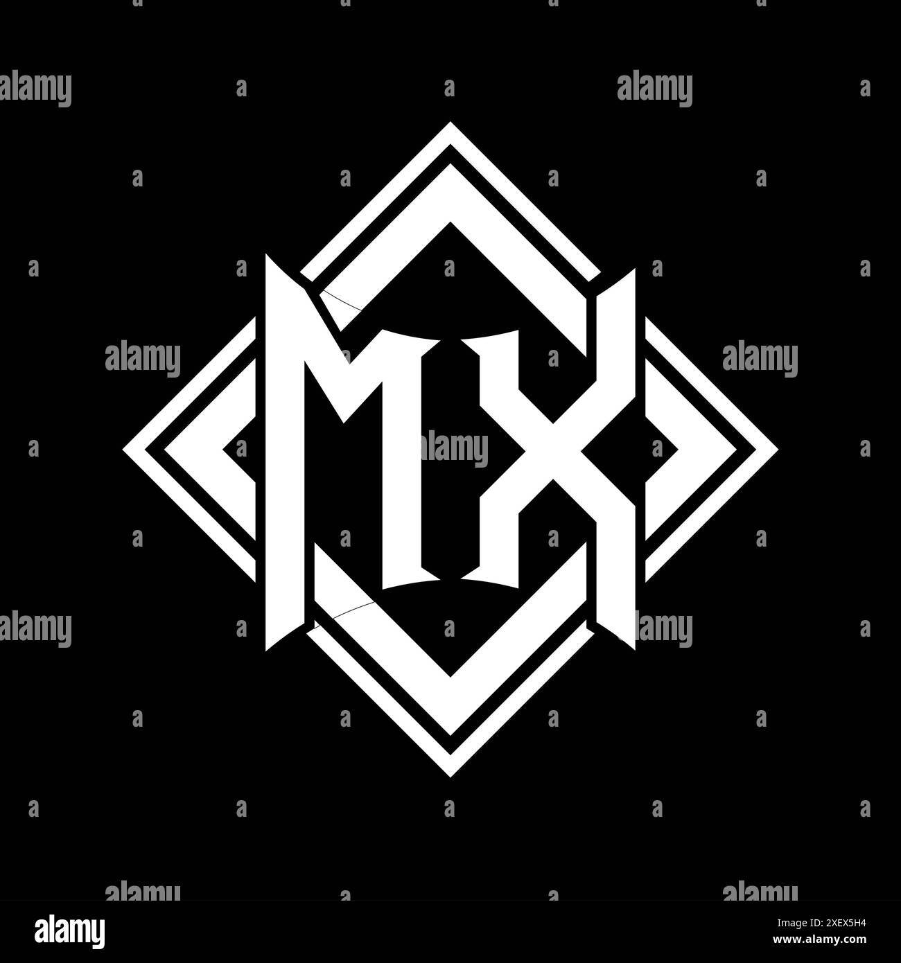 MX Letter logo with abstract shield shape with square white outline on black background template ...